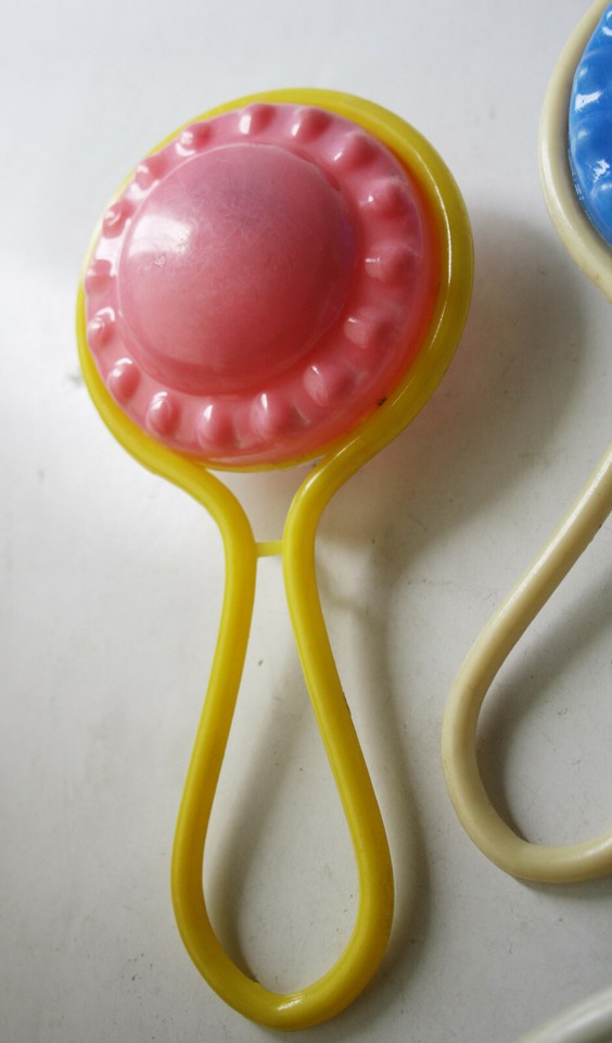 3X RARE VINTAGE 60'S GREEK HARD PLASTIC BABY RATTLE TOY GREECE NEW NOS ...