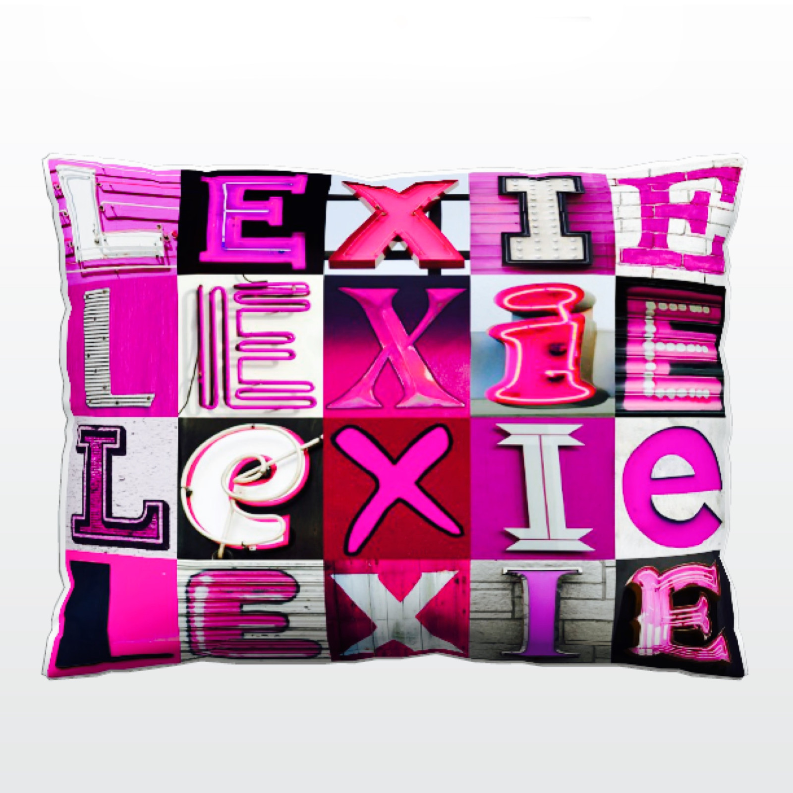 Personalized Pillow featuring the name LEXIE in photos of PINK sign ...