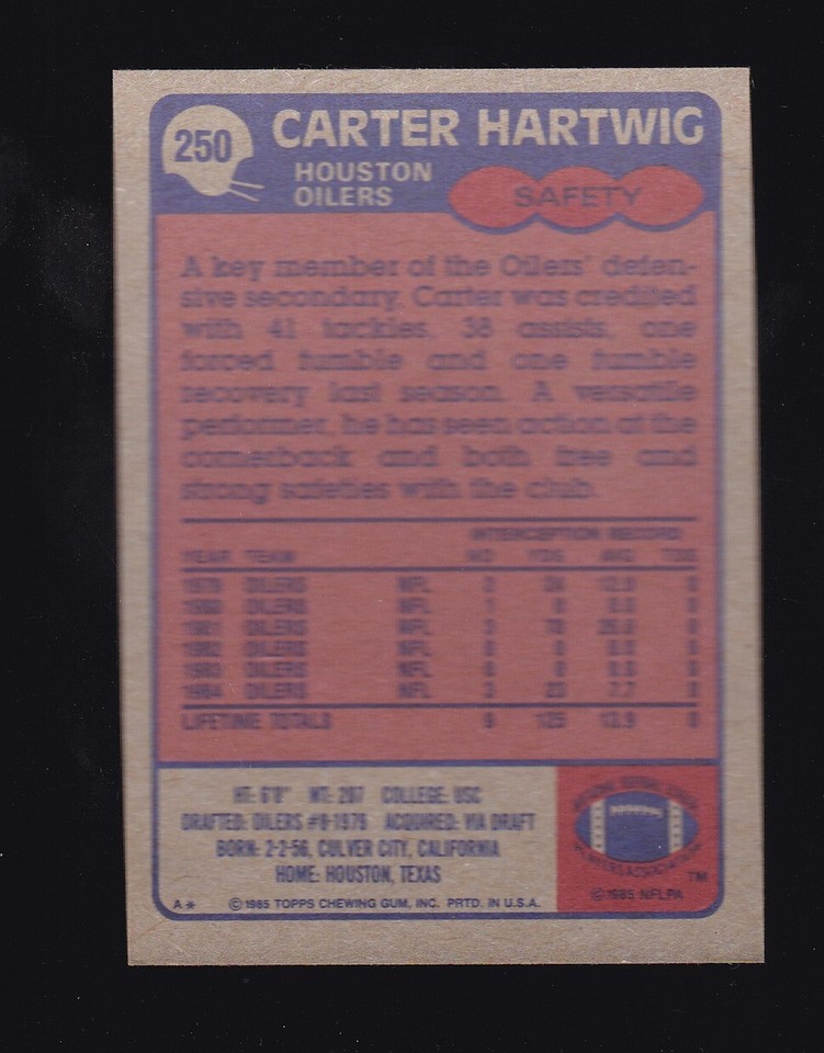 1985 Topps Carter Hartwig #250 Houston Oilers | eBay