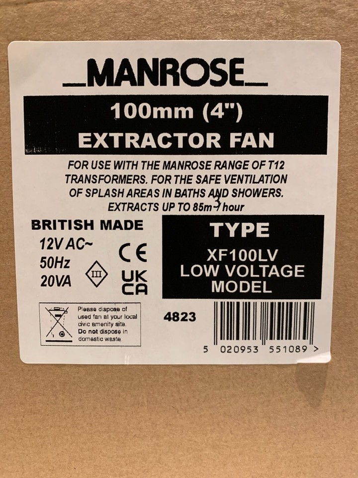 Manrose Low Voltage 12V AC Extractor Fan 100mm 4" Wall/Ceiling Bathroom ...