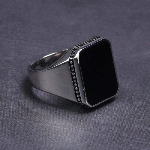 Solid 925 Sterling Silver AAA Flat Black Onyx Gemstone Signet Men's ...