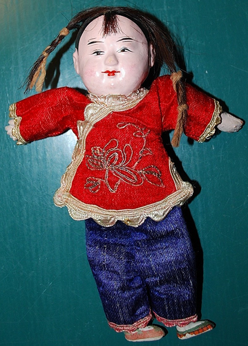 Antique HAND PAINTED COMPOSITION FACE Chinese Girl Doll RED SILK ...