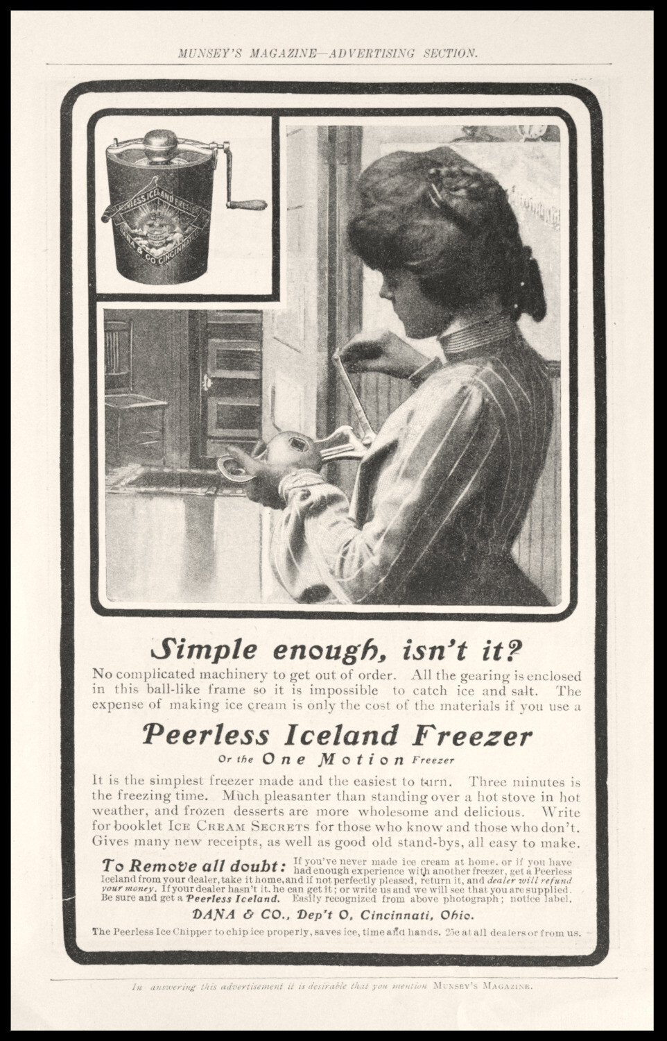 1902 PEERLESS ICELAND Crank Ice Cream Freezer Maker Antique Vtg PRINT ...