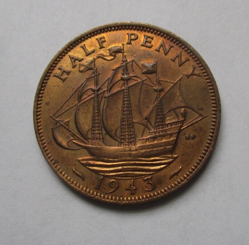 1943 Great Britain Half Penny GEM BU- FREE SHIPPING-HIGH GRADE-WWII ERA ...
