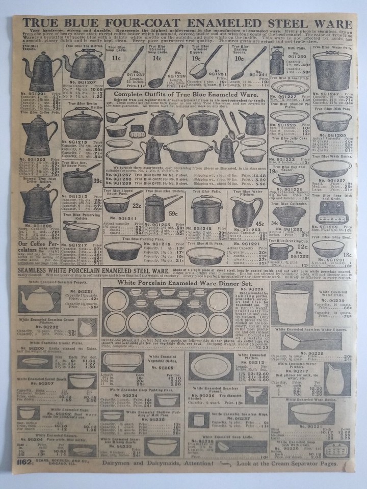1911 Antique Blue Enameled Cookware Art Sears Catalog Page Vintage ...