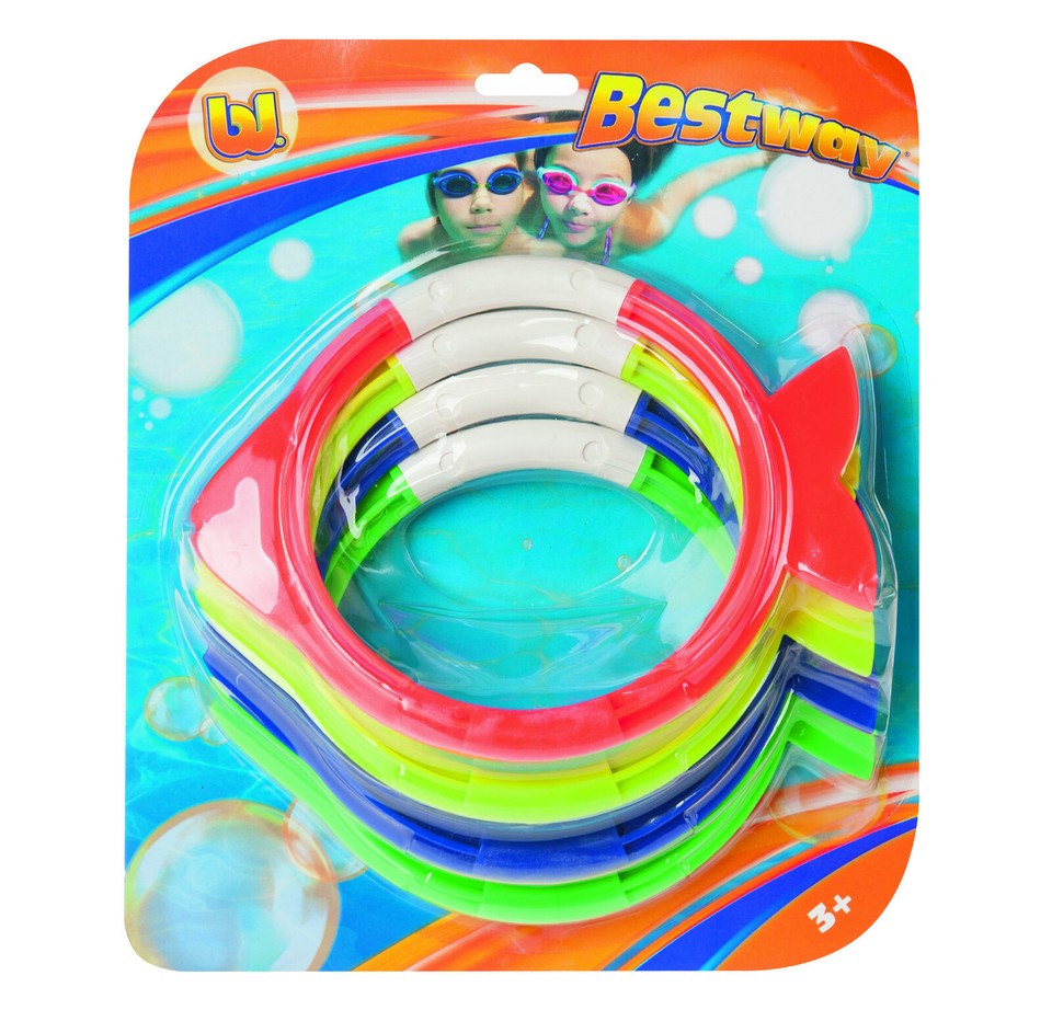 BESTWAY SWIMMING POOL LAKE HOTEL KIDS DIVING RINGS FISH SET OF 4 MULTI ...