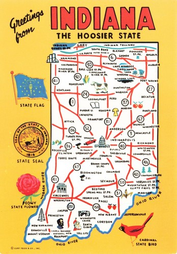 Postcard Indiana Map (Cartography) Hoosier Places and State Symbols ...