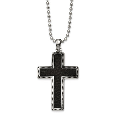 Lex & Lu Stainless Steel Antiqued, Pol. Black Leather Inlay Cross 22 ...