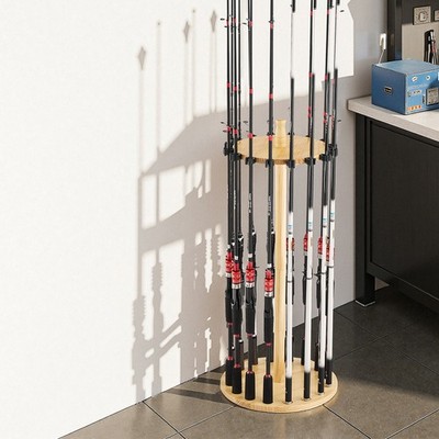 16 Pole Fishing Rod Holder Wood Fishing Rack for Garage Round Floor ...