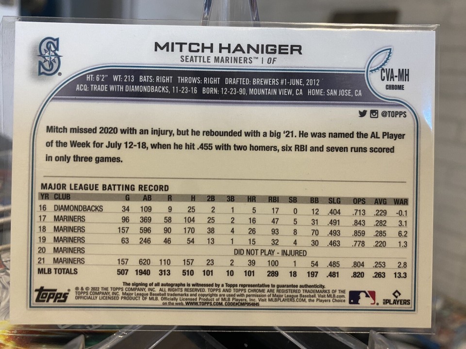 2022 Topps Chrome Veteran Autographs #CVAMH Mitch Haniger | eBay