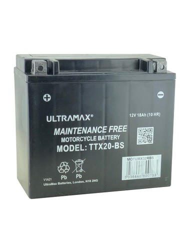 ULTRAMAX TTX20-BS (CP) 12V Ultramax MF VRLA Motorcycle Battery REPLACES ...