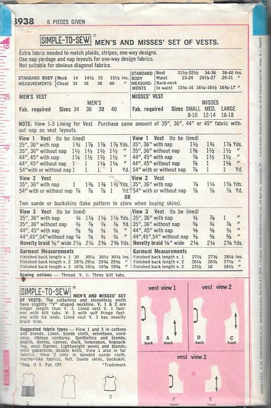 Vintage Simplicity #8938 Men's & Misses' Set of Vests - Size M | eBay