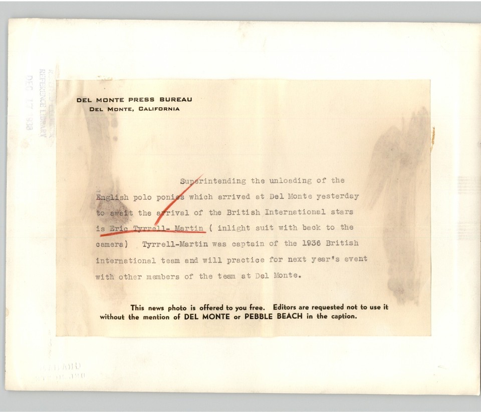 Eric TYRRELL-MARTIN Horses Del Monte Polo Club CALIFORNIA 1938 Press ...