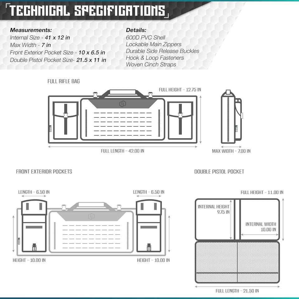Urban Warfare 42" Double Rifle Bag w/Pistol Case, 600D Nylon, Lockable ...