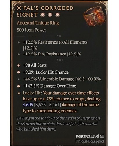 Diablo 4 Eternal X'Fal's Corroded Signet 3GA 4605 Unique Ring Sorcerer ...