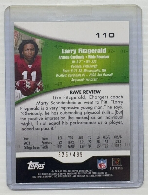 2004 Topps Pristine Larry Fitzgerald Rookie RC Card #326/499 Arizona ...