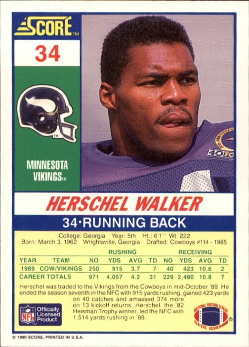 1990 SCORE NFL FOOTBALL Trading Card #34 🤩 HERSCHEL WALKER, Minnesota ...