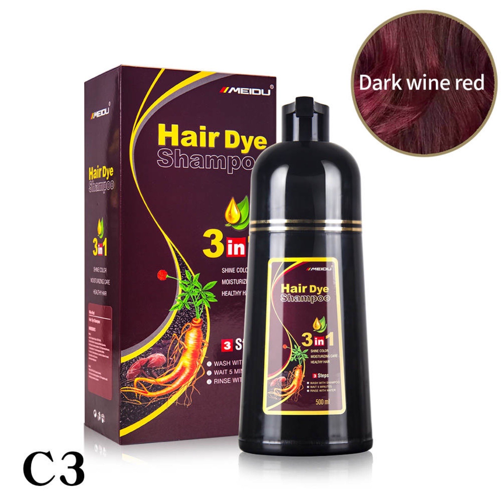 Meidu DARK WINE RED Hair Dye Shampoo — Long — Lasting 3-in-1 Hair Color ...