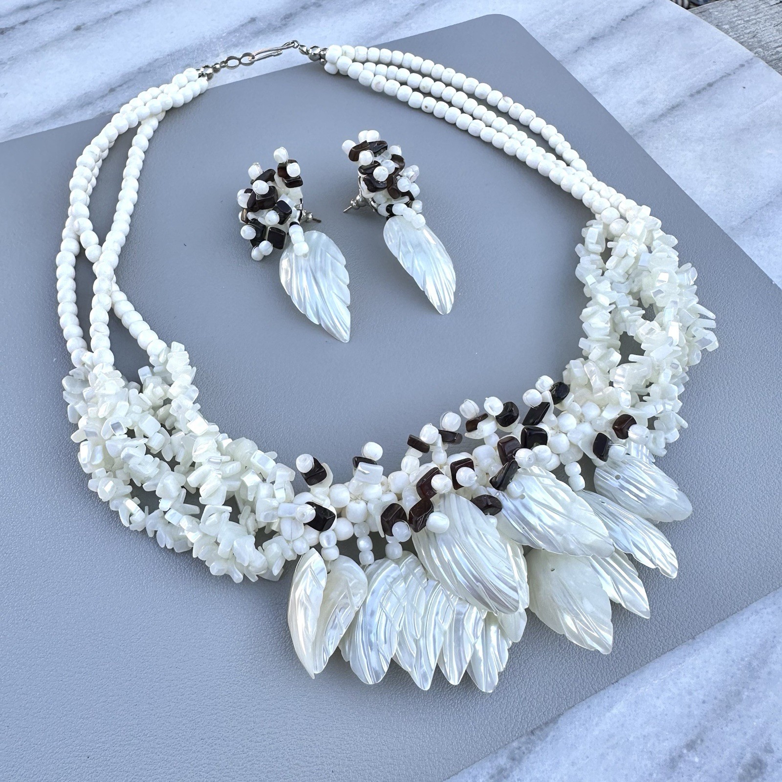 Carved Mother of Pearl Necklace & Earrings Set, Boho Wedding Jewelry