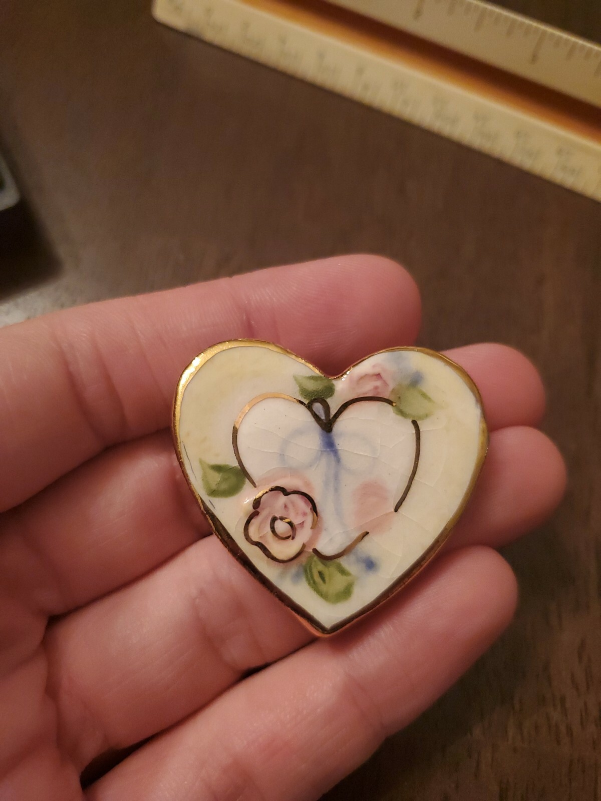 Vintage Porcelain Handpainted Heart Brooch - Gem