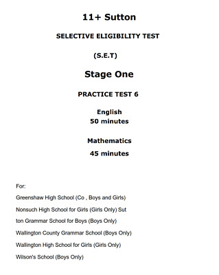 Sutton Grammar Schools 11+ Exam Selective SET Stage One Mock Exam Paper ...