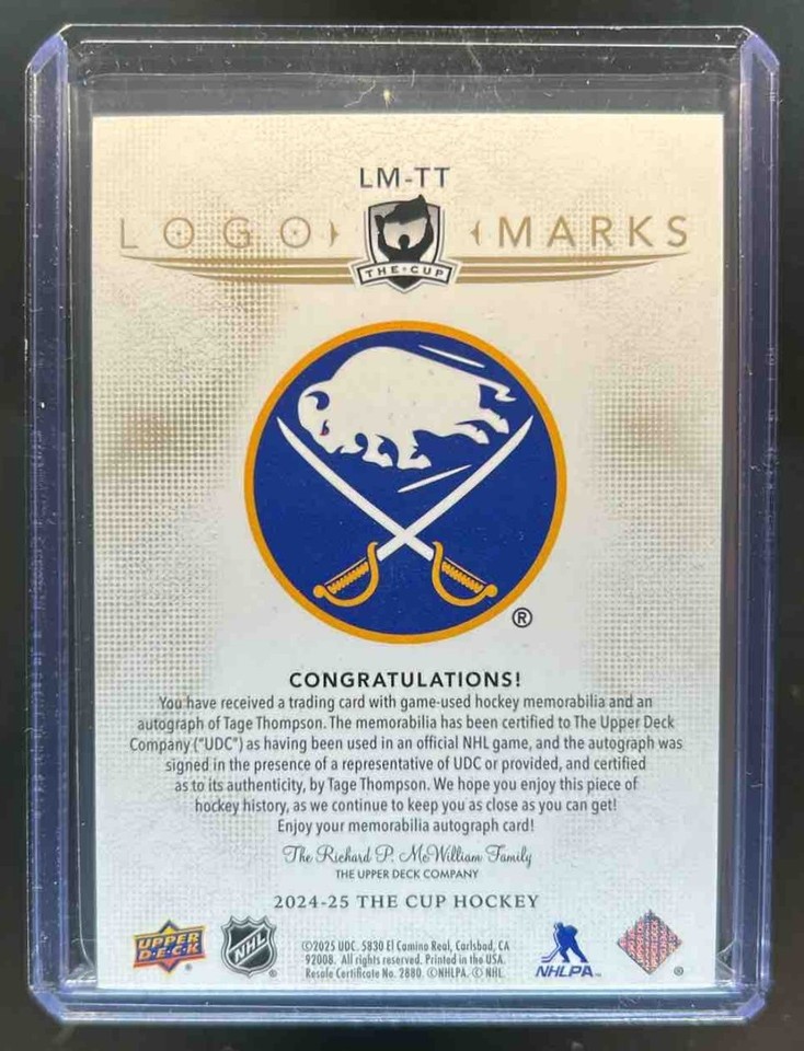 2024-25 The Cup Tage Thompson Logo Marks Gold Patch Auto Autograph #1/ ...