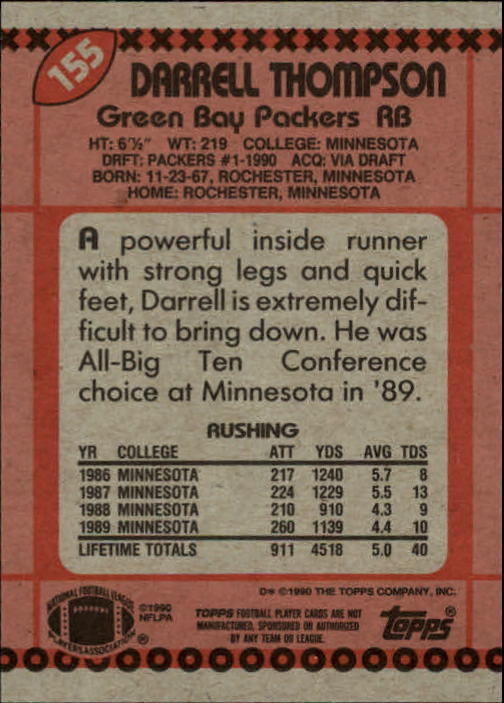 1990 Topps Football Card #155 Darrell Thompson RC | eBay