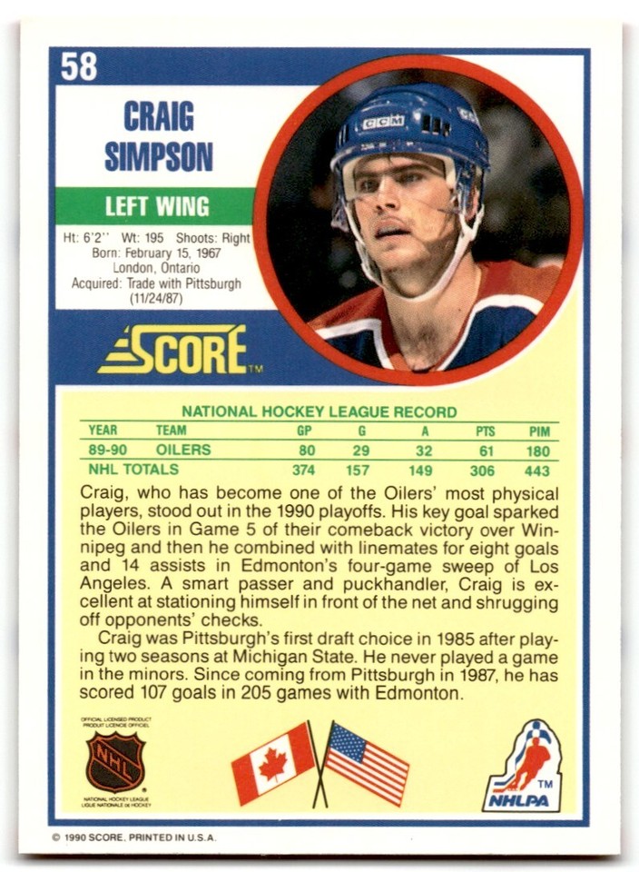 1990-91 Score Craig Simpson Edmonton Oilers #58 | eBay