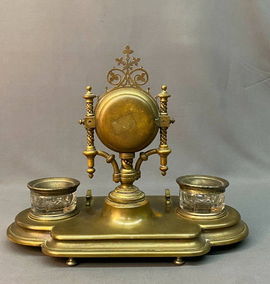 Antique Victorian Brass Desk Clock with Double Ink Wells | eBay