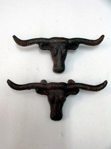 2 pcs Texas Longhorn Cast Iron Drawer Pulls steer or bull 4 3/4" wide ...