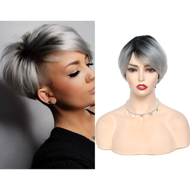 Short Pixie Cut Wig With Bangs Side Part Bob Black Straight Synthetic ...