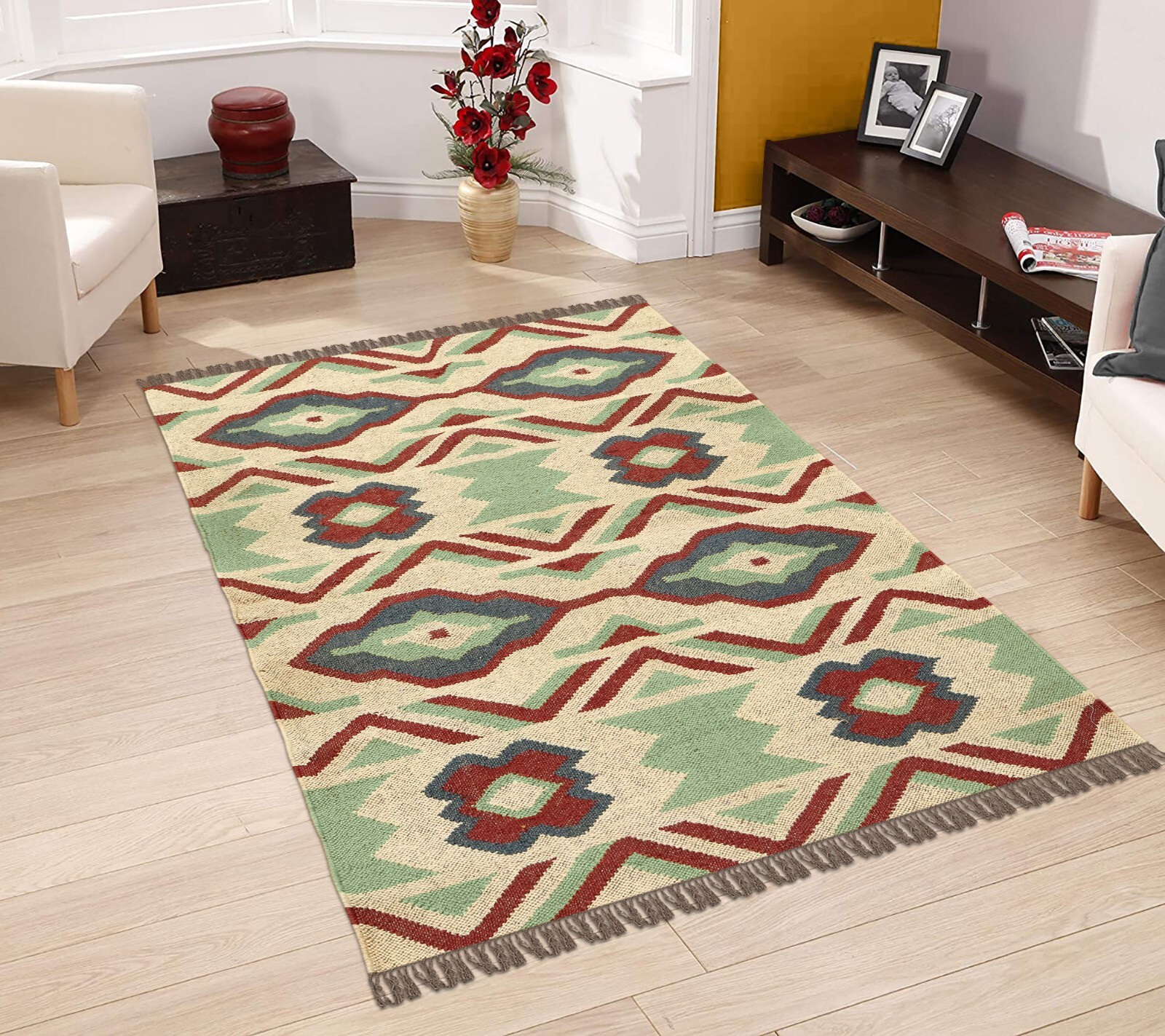 4x6 Ft Wool Jute Kilim Green Geometric Area Rug Bedroom, Kitchen Floor ...