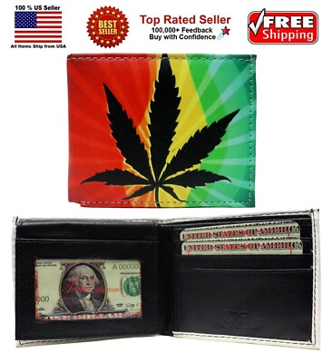 Rasta Marijuana Weed Pot Leaf Leather Bi-Fold Bifold Wallet | eBay