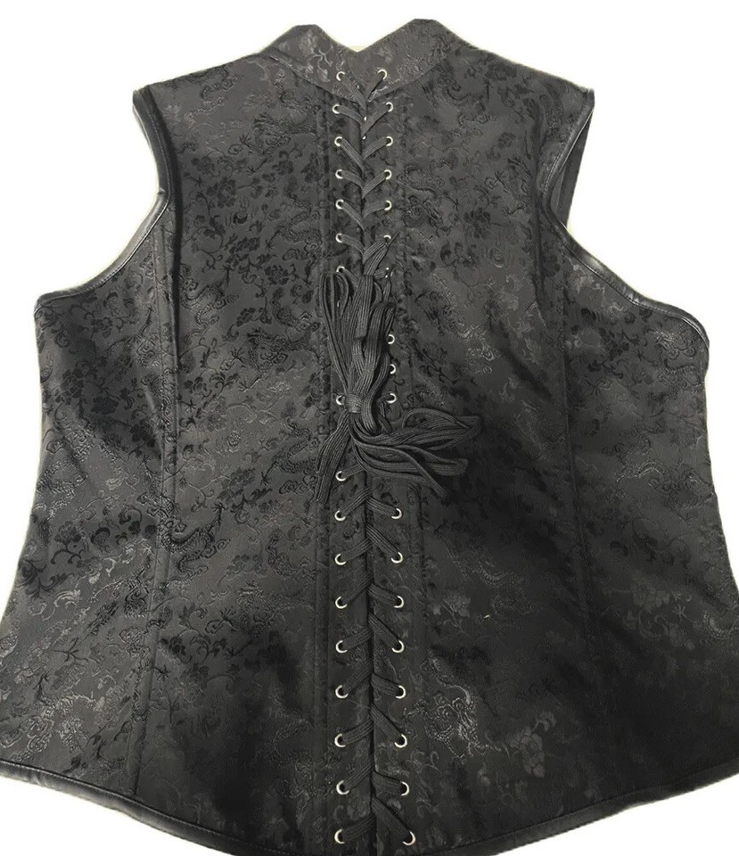 Women Black Corset Vest Tie Back Lace Silver Chrome Hook Buttons | eBay