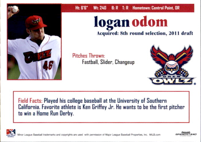 2011 Orem Owlz Grandstand #26 Logan Odom Central Point Oregon OR ...