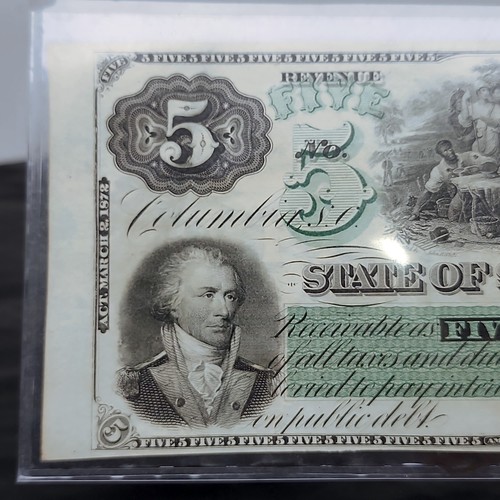 1872 $5 South Carolina Revenue Bond Script Obsolete Currency Marion ...