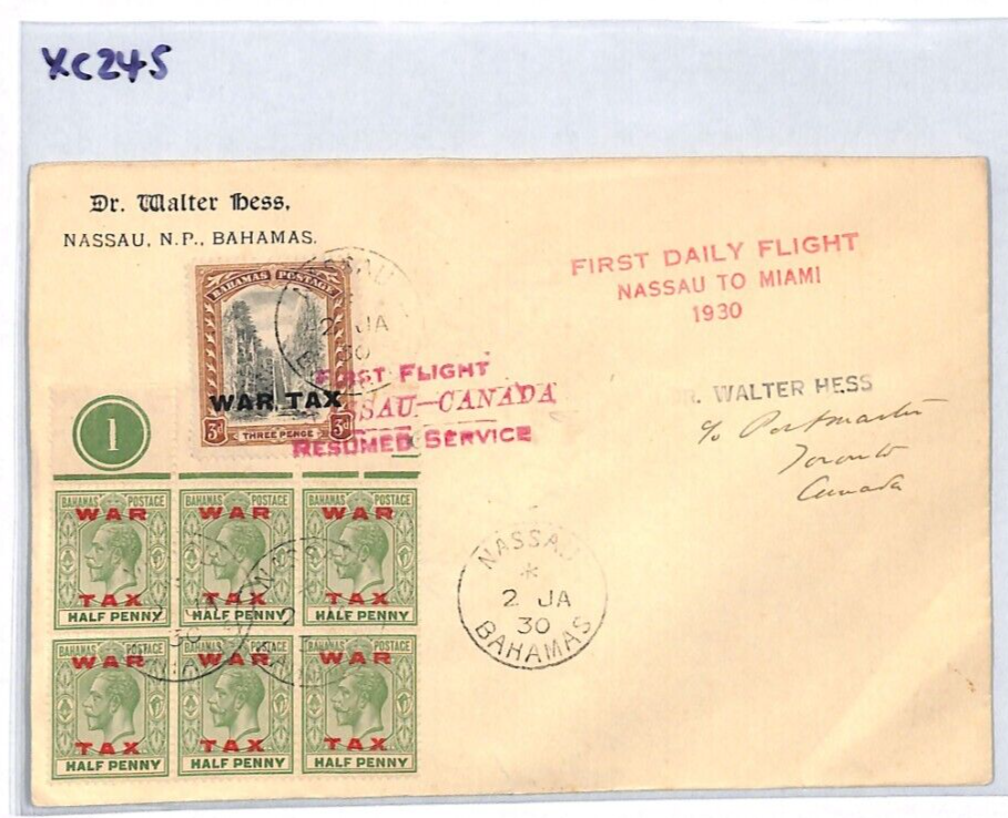 BAHAMAS Cover *WAR TAX* BLOCK Air Mail Cover 1930 FIRST FLIGHT Canada ...