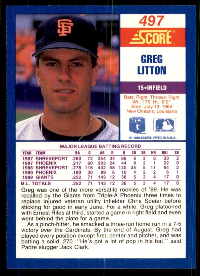 1990 Score Greg Litton Baseball Cards #497 | eBay
