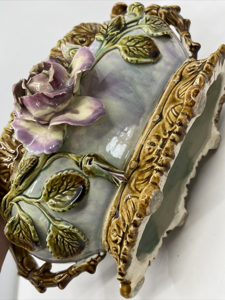 Antique French Majolica Barbotine 12” Jardiniere Planter Roses Leaves ...