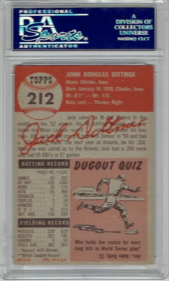 1953 Topps Jack Dittmer #212 Milwaukee Braves PSA 8 NM-MT | eBay