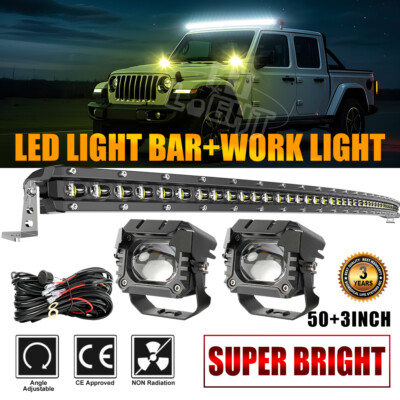 Roof Curved 50" LED Light Bar +3" Pods + Wire Kit For 1984-2001 Jeep ...
