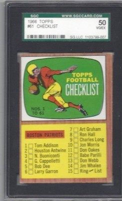 1966 Topps football card #61 Checklist Boston Patriots graded SGC 50 ...