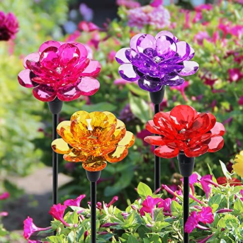 Exhart Garden Solar Lights Set of 4 Mini Flower Garden Stakes LED Light ...