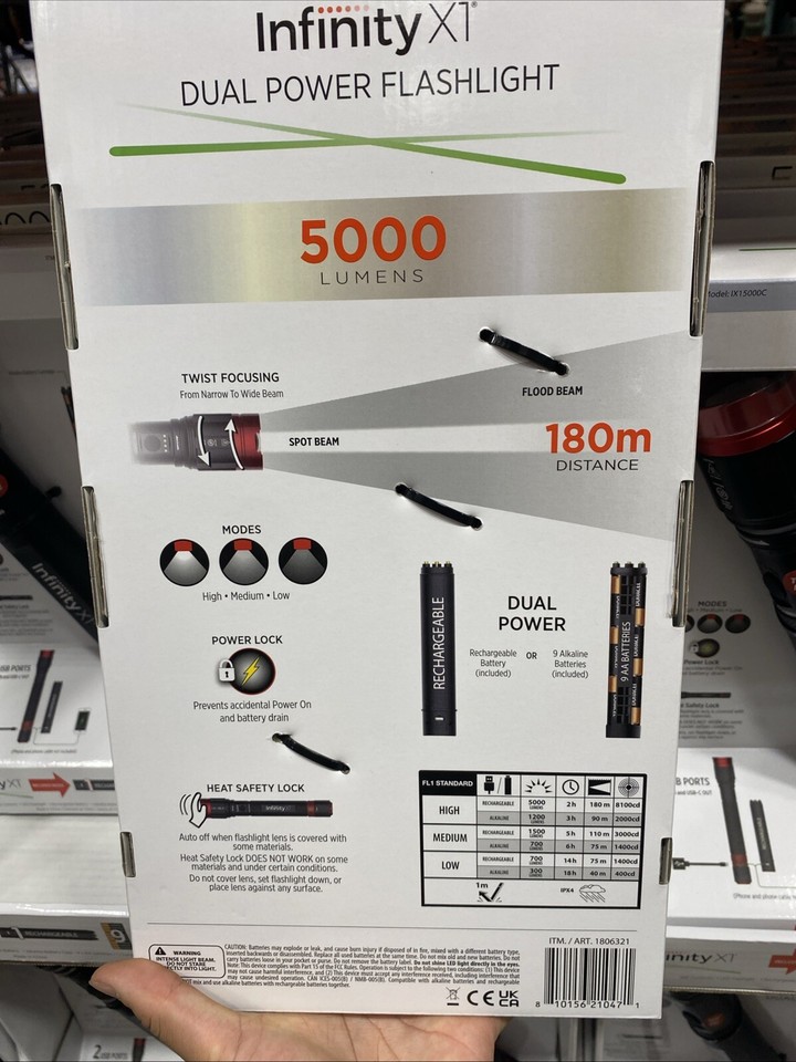 Infinity X1 5000 Lumens Flashlight Rechargeable Dual Power Twist Focus ...