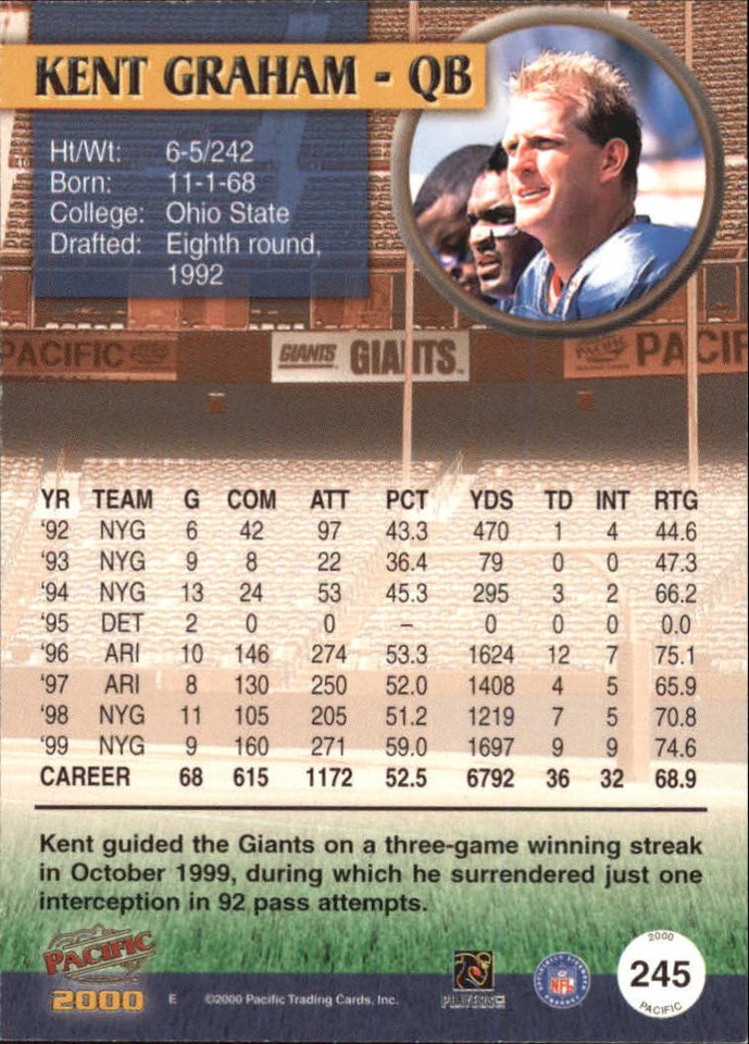 2000 Pacific Gold Pittsburgh Steelers Football Card #245 Kent Graham ...
