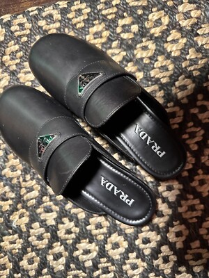 PRADA $1320 Black Leather Studded Triangle Logo Platform PRADA $1320 Black Leather Studded Triangle Logo Platform