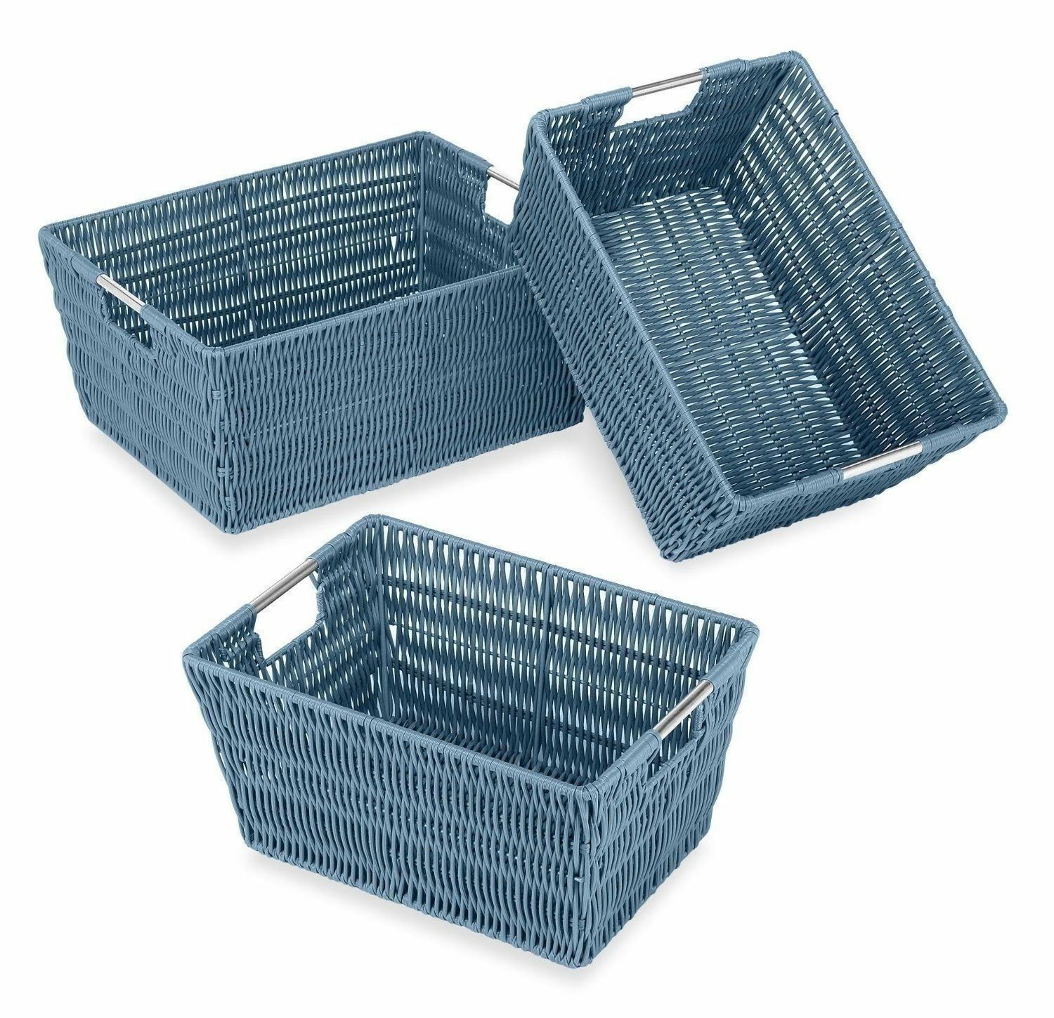 Set 3 Blue Resin Storage Baskets Nesting Bins Home Organizer Utility ...
