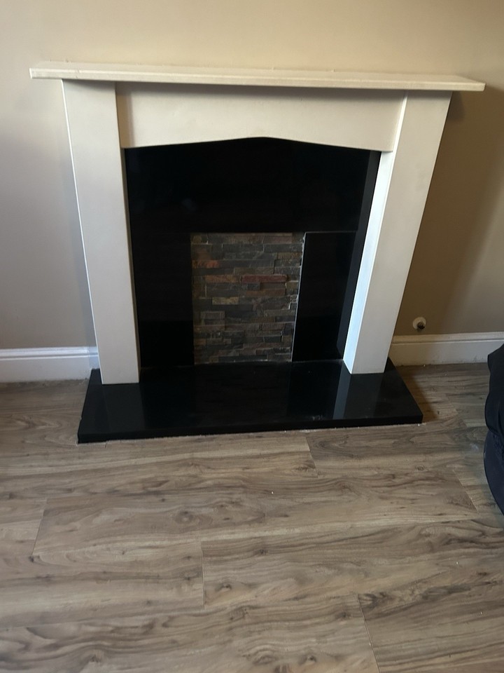 Fire Surround Stone Surround and Black Granite Hearth and Back | eBay UK