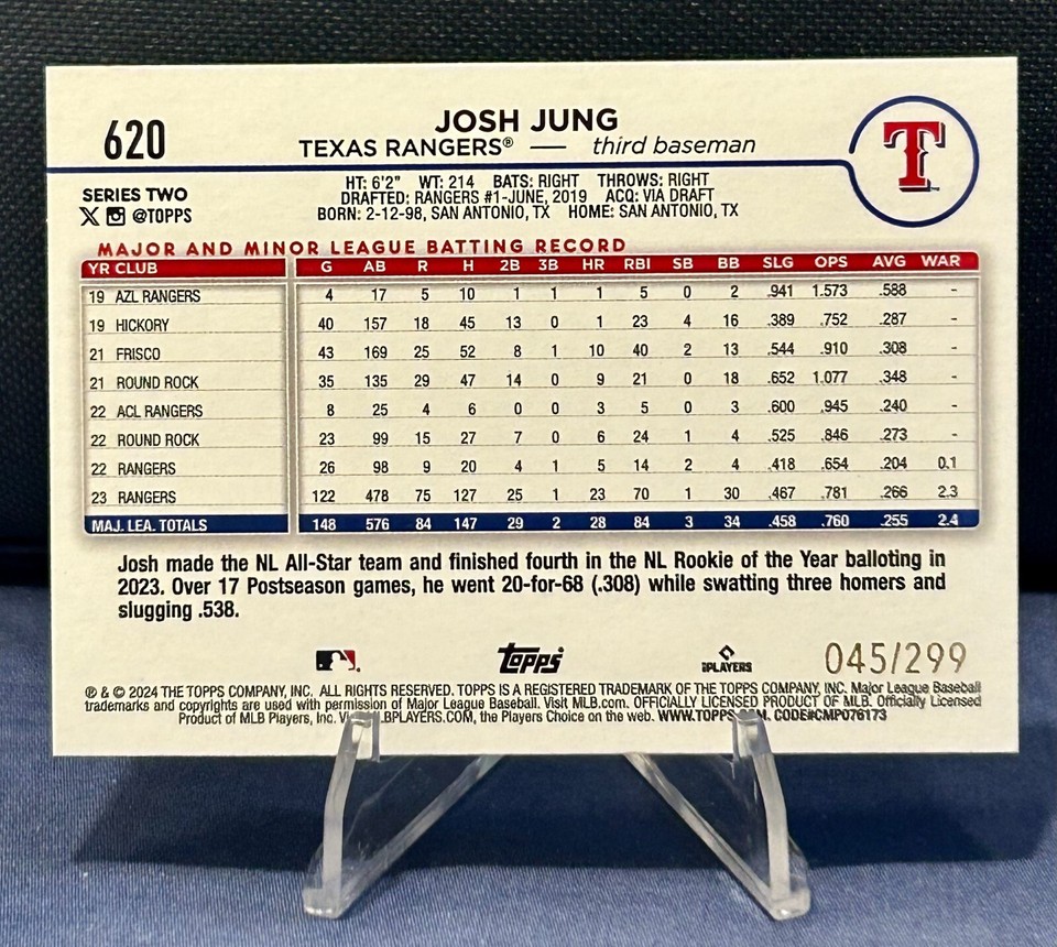 2024 Topps Series 2 Josh Jung Rookie-Cup Card Orange Foil # /299 🔥 ...