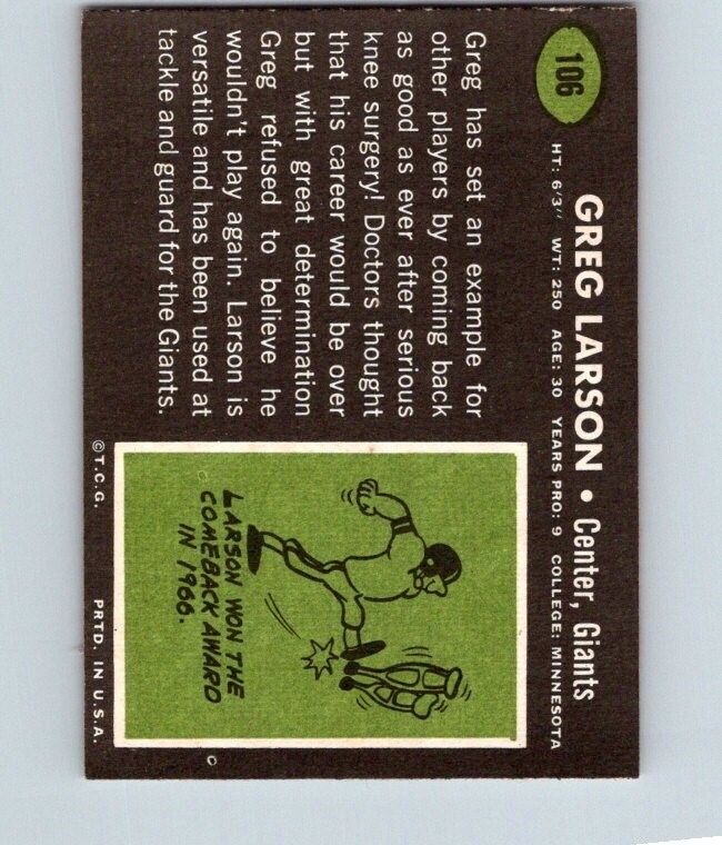 1969 TOPPS FOOTBALL #106 GREG LARSON NRMT LZ | eBay